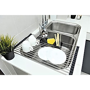 Cooktensil Roll Up Dish Drying Rack Stainless Steel Telescopic Over The Sink Drainer Extendable up to 22.8 inches (with Rectangle Basket)