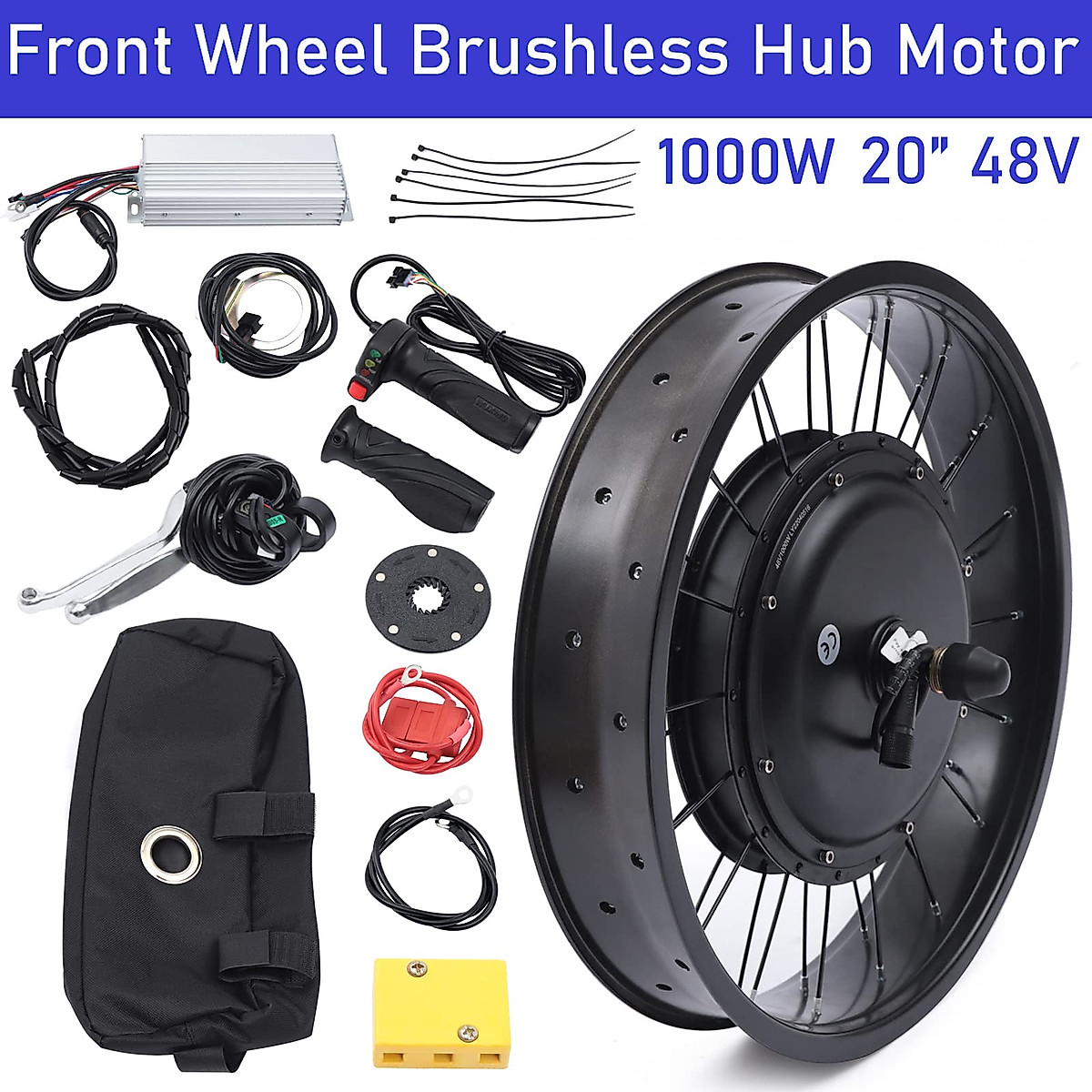 RIAHNEAH E-Bicycle Conversion Kit, 48V 1000W 20" Front Wheel Electric Bicycle Conversion Kit, Electric Bicycle Brushless Gearless Hub Motor Kit 48km/h High Speed Motor Wheel Kit