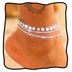 OEM Jeweky Boho Layered Sequin Anklets Bracelets Silver Beaded Foot Chain Jewelry for Women