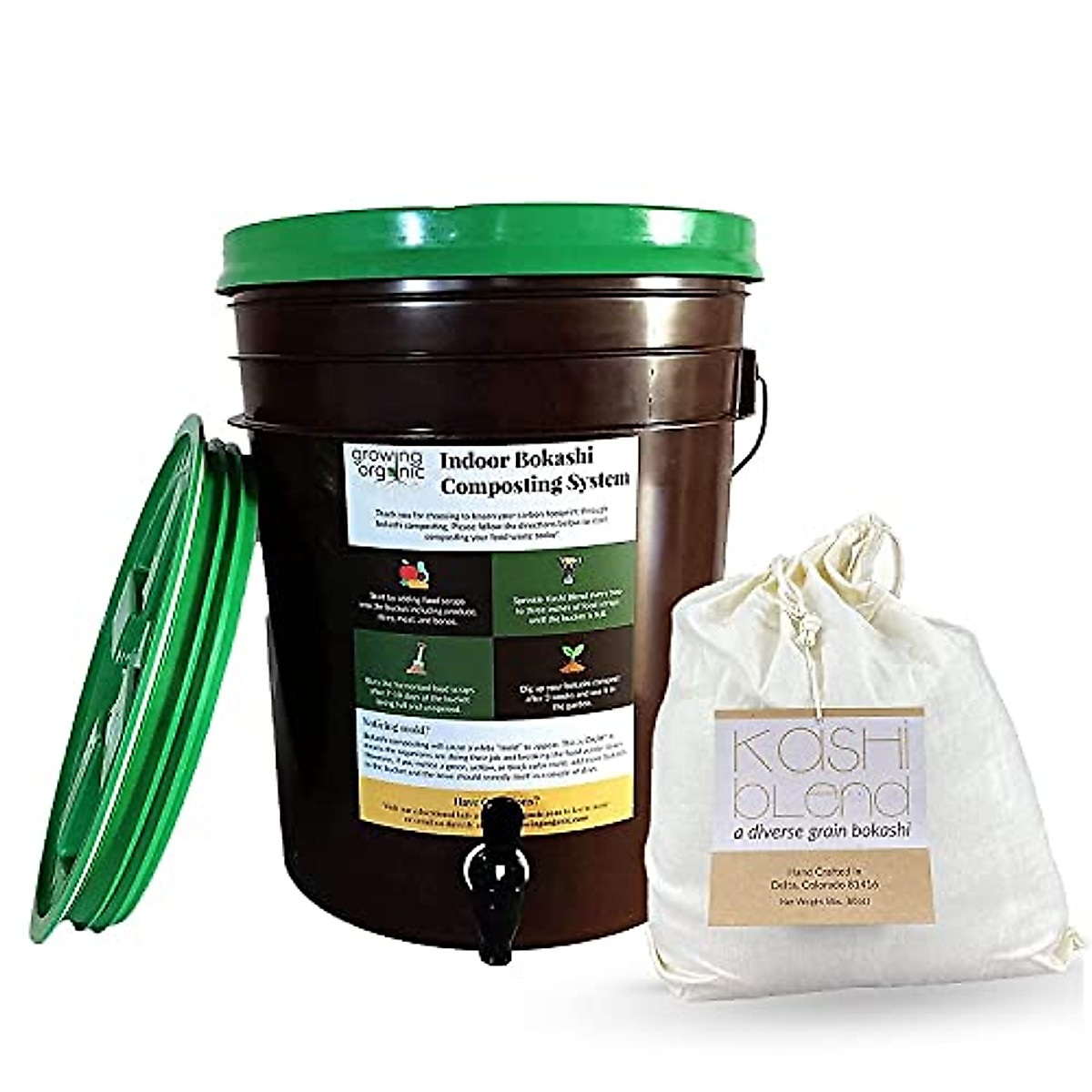 Indoor Bokashi Composting System - Kitchen Compost Buckets with A Spout - Air Tight Gamma Seal Lid - Practical Way to Collect All Your Organic Waste - 5lbs of Kashi Blend