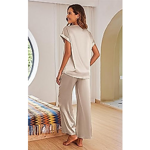 Ekouaer Womens Silk Pajamas Set Short Sleeve Satin Shirt with Long Pant Pjs Set V Neck Sleepwear with Floral Lace Champagne