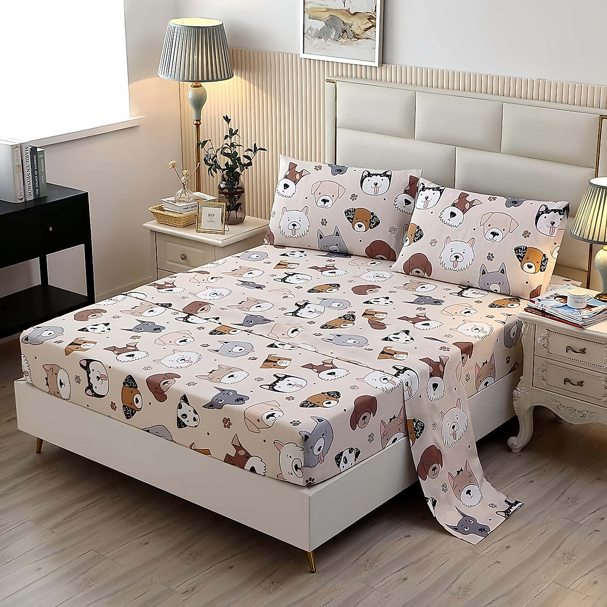 SDY 4PCS Dog Bedding Sheets Set Full Size, Cute Puppy Pattern Fitted Sheet Sets with Deep Pocket, Kawaii Bedroom Decor for Kids, Teens, Children, Baby, Boys, Girls and Animal Lovers (Dog, Full)