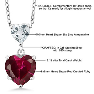 Gem Stone King 925 Sterling Silver Red Created Ruby and Sky Blue Aquamarine Double Heart Pendant Necklace for Women (2.12 Cttw, Heart 8MM and 5MM, with 18 Inch Silver Chain)