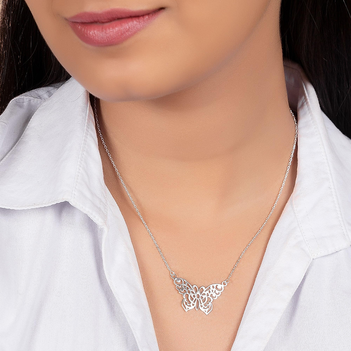 Bling Jewelry Large Butterfly Necklace Cut Out Filigree Statement Pendant For Women .925 Sterling Silver 16 Inches