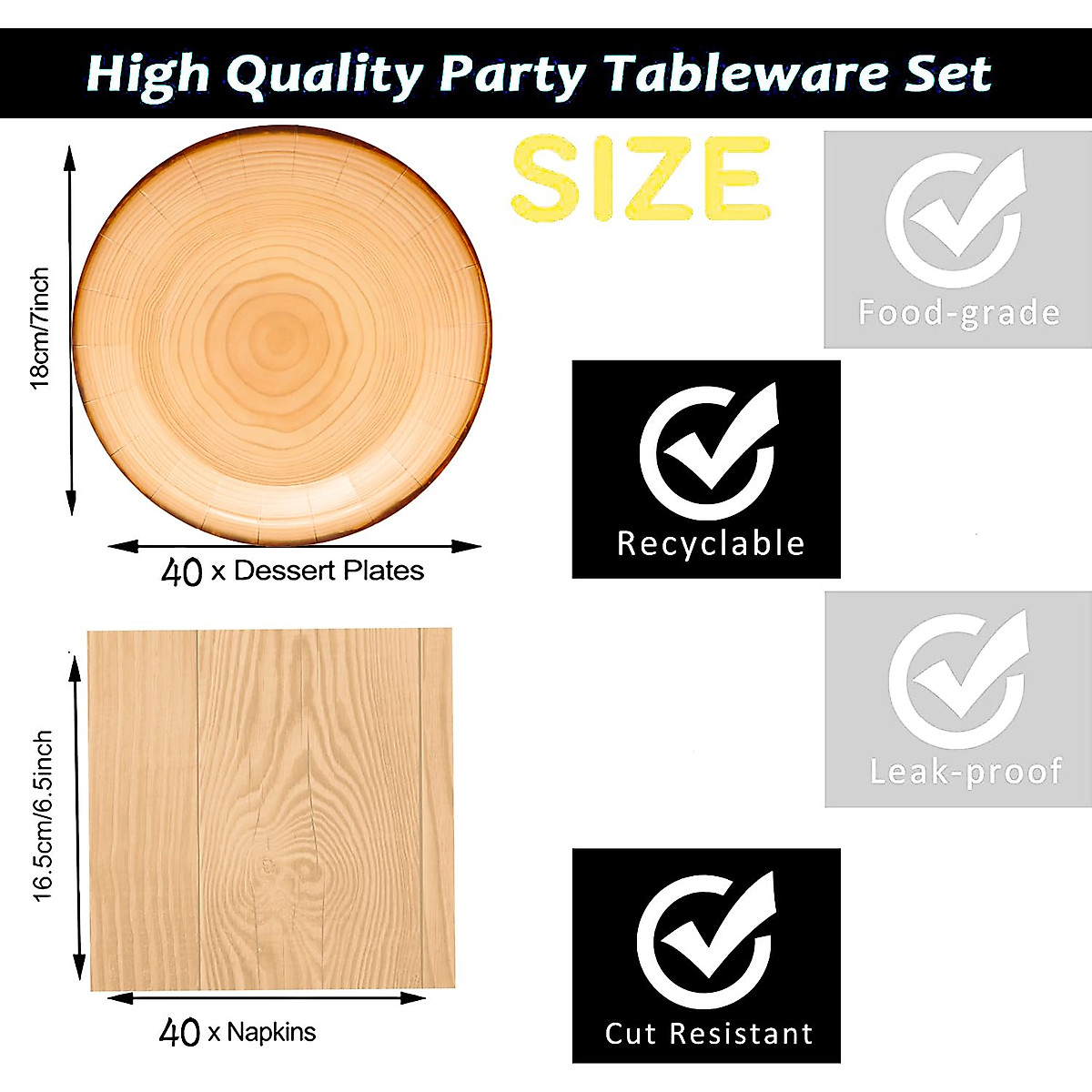 80Pcs Wood Grain Party Supplies Rustic Wood Grain Party Set 7"Wood Grain Paper Plate Wood Slice Napkins for Camp Fire Camping Woodland Animal Baby Shower Lumberjack Birthday Party Decorations|Serve 40