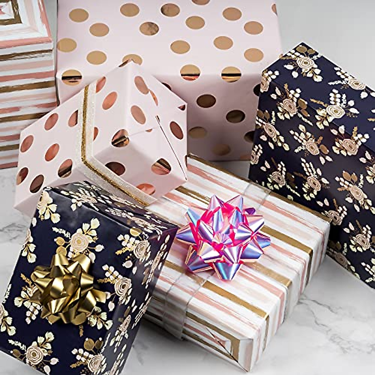 MAYPLUSS Wrapping Paper Roll - Mini Roll - 17 inch X 120 inch Per roll - Pink Polkas Dots, Stripe & Black Floral Design (42.3 sq.ft.ttl)