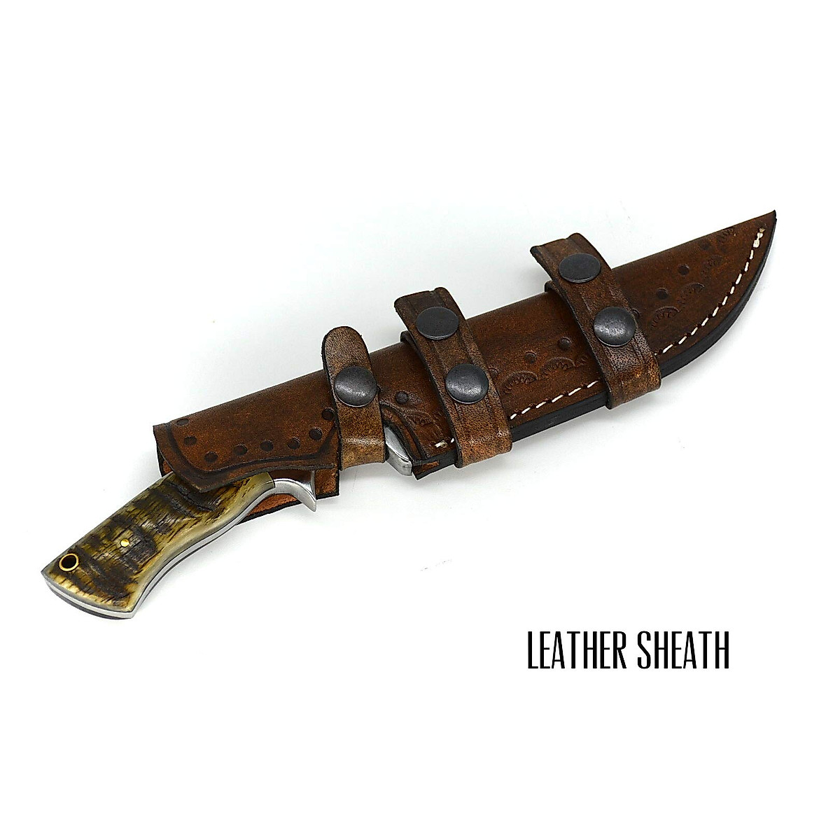 Nooraki HK-81 Handmade Damascus Hunting Knife Ram Horn Handle With Leather Sheath Full Tang Fire & Raindrop Pattern