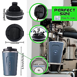 IWANGDS Leak Proof Travel Coffee Mug, Reusable Coffee Cup with Lid, Insulated Coffee Mug with Brush, Stainless Steel Vacuum Tumbler, Keep Hot & Cold, 13oz Mini Thermos with Cat Paw Pattern(Blue*1)