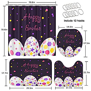 Tayney Easter Eggs Shower Curtain Sets with Toilet Lid Cover and Non-Slip Rugs, Geometric Stars on Background 4 Pcs Shower Curtains for Bathroom, Cute Cartoon Easter Bathroom Decor