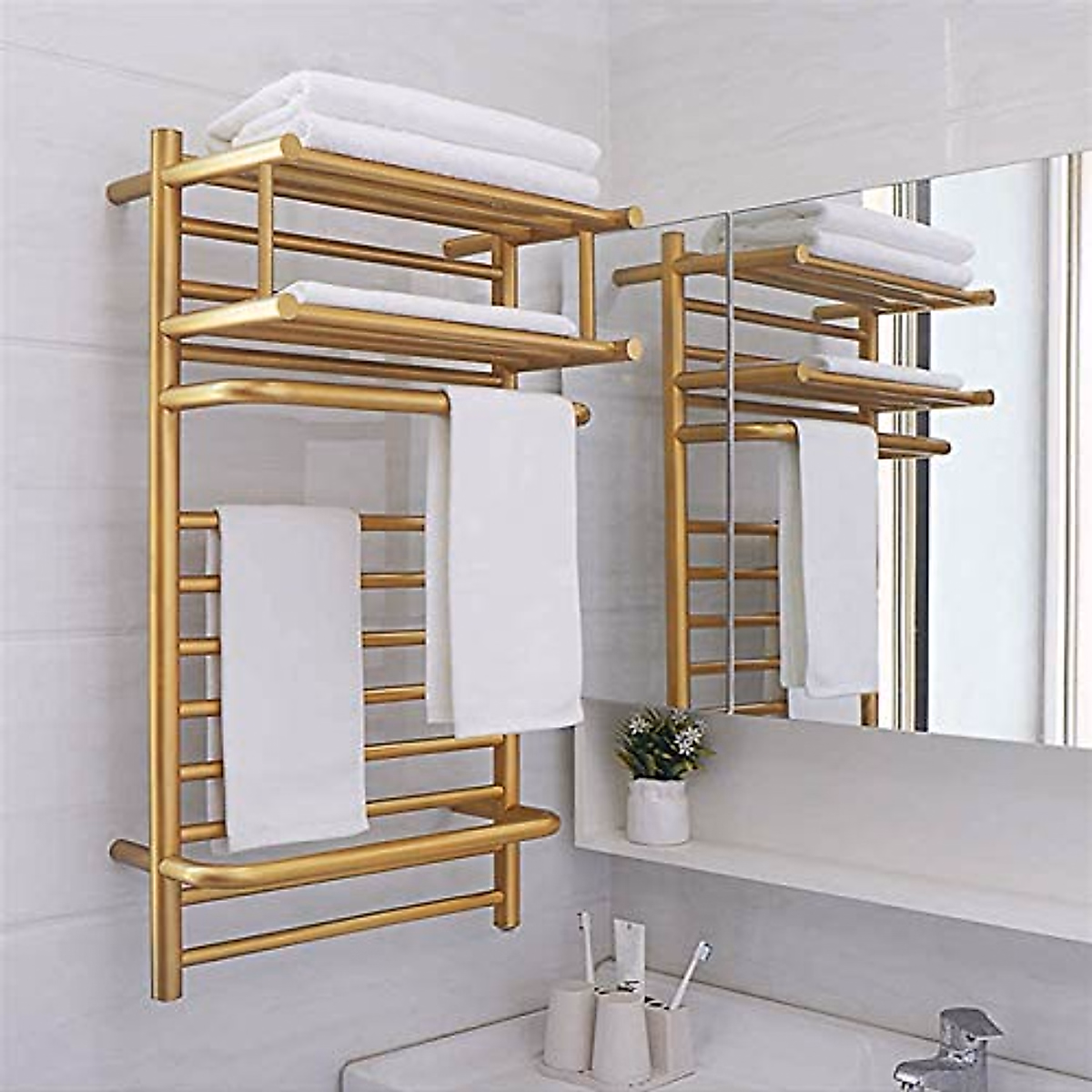 Bathroom Wall Heater Towel Warmers for Bathroom, Wall Mounted Electric Heated Towel Rack, 304 Stainless Steel Towel Dryer Rack Heated Towel Bars, Towel Rail Rack for Bathroom, Gold (Golden Hardwired