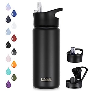 HASLE OUTFITTERS Insulated Water Bottle Kids 16 oz Double Wall Vacuum Stainless Steel Water Bottle Leak Proof for School Wide Mouth with Straw Lid & Spout Lid Keeps Cold and Hot(Black,1pack)