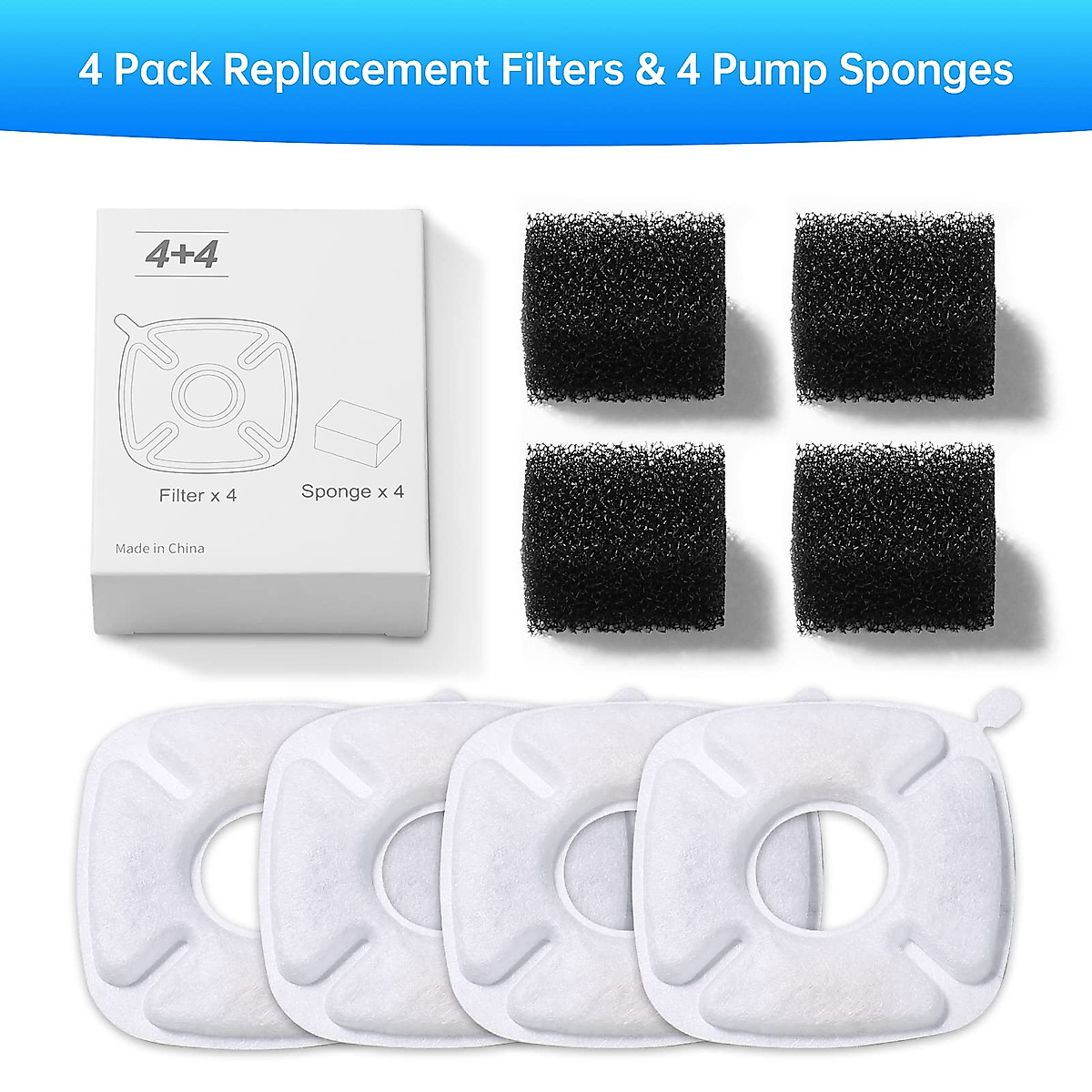 Vafrmii 4 Pack Replacement Filters & Replacement Pre-Filter Sponges for 67/95/135/85oz Automatic Pet Fountain, Cat Water Fountain Filters, Triple Filtration Dog Fountain Filter Replacement