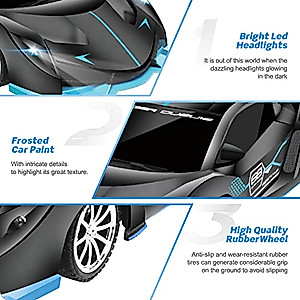 KULARIWORLD Remote Control Car for Boys Fast 1/18 Scale Rechargeable RC Vehicle Cars Toys Xmas Gifts for Kids High Speed with Headlights (Black Blue)