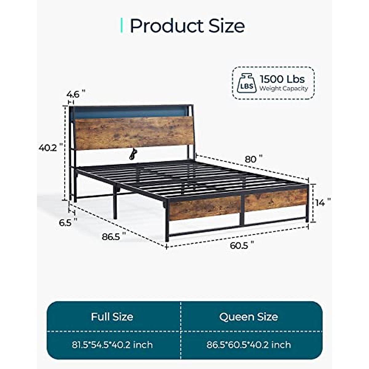 LINSY Queen Bed Frame with Ergonomic Headboard, Fast Assembly Metal Industrial Bed Frame with Lights & Charging, 14 inch Bed Frame Queen Size with Storage, No Box Spring Needed, Rustic Brown