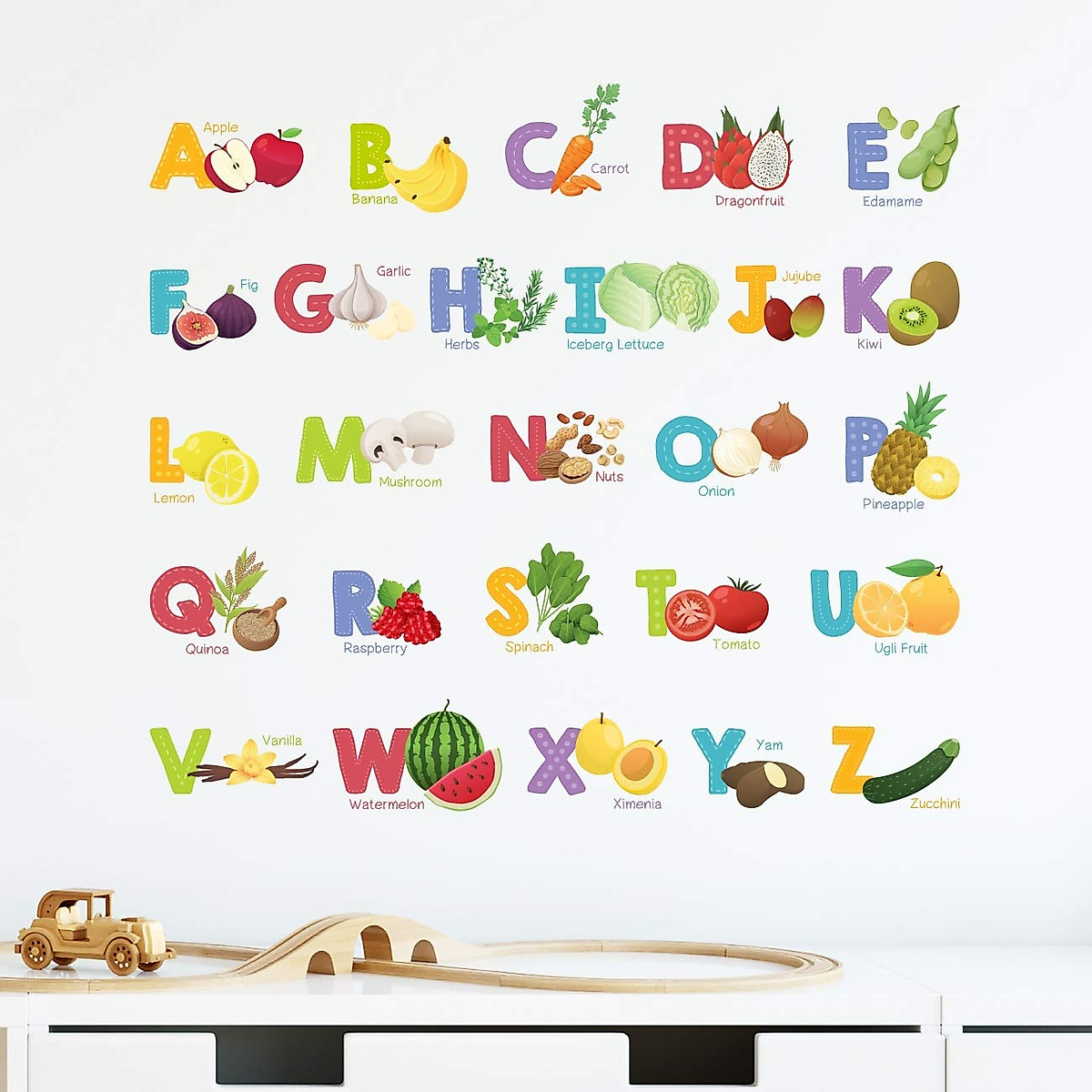 DECOWALL DS-8031 Fruit and Vegetable Alphabet Kids Wall Stickers Wall Decals Peel and Stick Removable Wall Stickers for Kids Nursery Bedroom Living Room (Small) décor