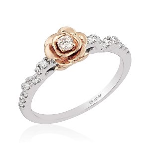 Jewelili Enchanted Disney Fine Jewelry Sterling Silver and 10K Rose Gold With 1/4Cttw Diamond Belle Rose Ring