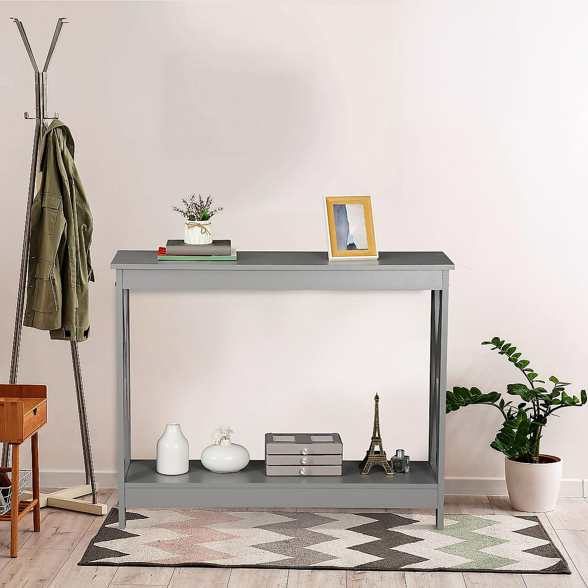 SUPER DEAL 2-Tier Narrow Console Sofa Side Table for Entryway/Hallway/Living Room, 39.3in L x 11.8in W x 31.6in H, Grey