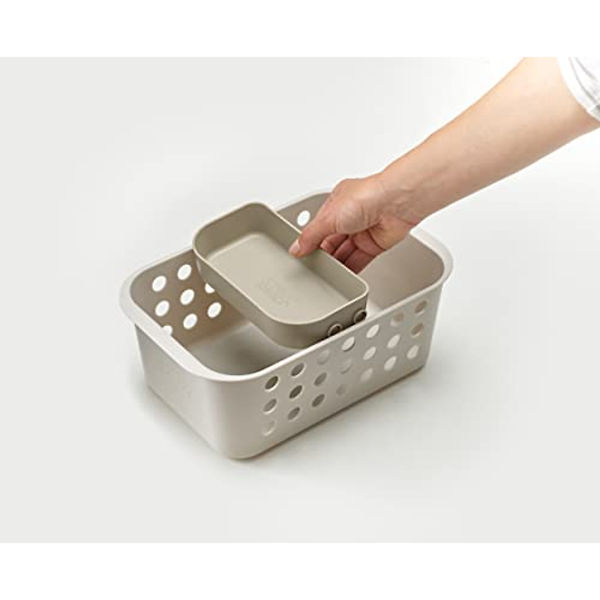 Joseph Joseph EasyStore - Bathroom essentials Storage Basket Organiser with Moveable tray, Ecru, Small