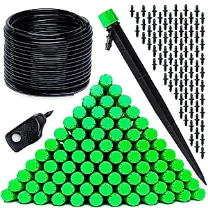 CARPATHEN Drip Irrigation Emitters Spray - 100 pcs Drip Sprinkler Head for 1/4 inch Drip Irrigation Tubing + 1/4 Drip Irrigation Tubing - 100 ft Black Drip Irrigation Hose