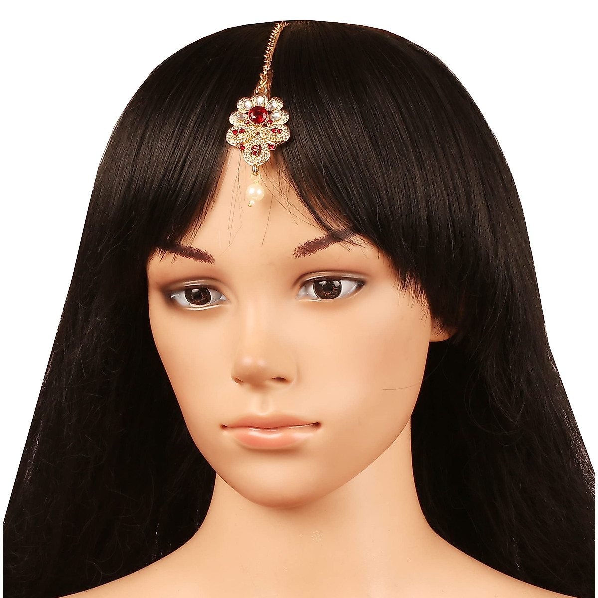 Touchstone NEW Indian Bollywood Traditional Floral Paisley Mughal Kundan Look Faux Ruby Designer Jewelry Mangtika Head Accessory in Antique Gold Tone. for Women.