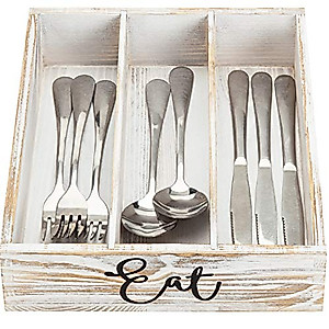 MyGift 3 Slot Shabby Whitewashed Wood EAT Tabletop Dining Utensil Cutlery Tray, Cabinet, Drawer Storage Organizer for Forks, Knives and Spoons