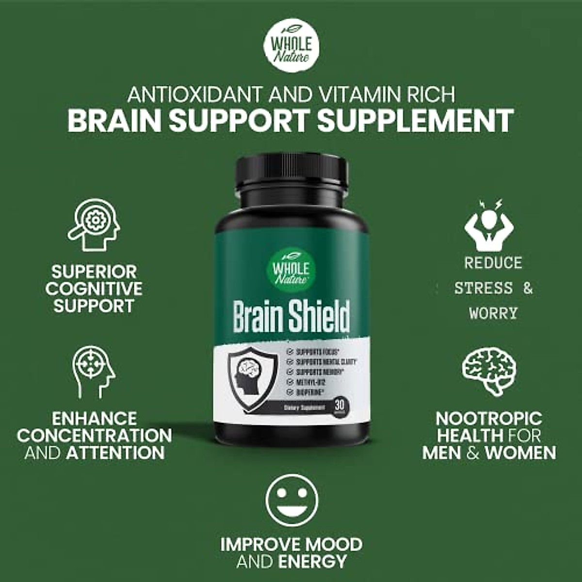 Whole Nature Brain Booster Nootropics - Brain Shield with Ginkgo Biloba, Alpha GPC and Bacopa Monnieri, Vitamin B12, B3 - Support Focus, Memory & Clarity, Energy & Stress Relief. (1)