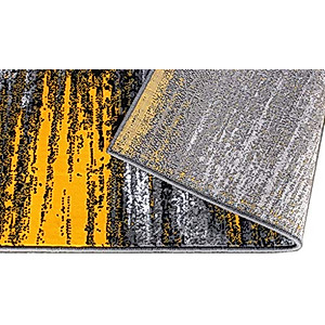 Champion Rugs Modern Contemporary Rugs for Living Dining Room Abstract Brush Stripes Yellow Grey Black Area Rug (5’ 3” X 7’ 5”)