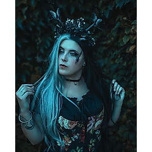 MOSTORY Handmade Black Deer Antlers Headband Gothic Reindeer Horns Elf Crown Dark Woodland Butterfly Headpiece for Women Girls Renaissance Halloween Cosplay Goth Wedding Party