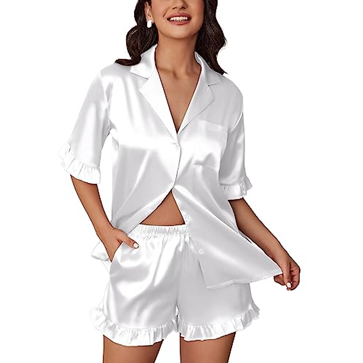 Ekouaer Pajama Sets for Women Soft Satin Sleeping Wear Summer Silky Short Sleeve Pjs Two Piece Lounge Set White,Small