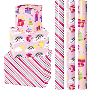 WRAPAHOLIC Birthday Wrapping Paper Roll - Mini Roll - 3 Rolls - 17 Inch X 120 Inch Per Roll - Pink Rainbow, Birthday Gift Boxes, Stripes for Kid's Birthday, Baby Shower