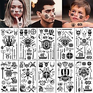 Konsait 130+ Tiny Pirate Temporary Tattoos, Black Viking Pirate Fake Tattoos Body Art Stickers for Girls Boys Kids Party Bag Filler Children's Birthday Gift Pirate Party Supplies Favors Face Hand Arm