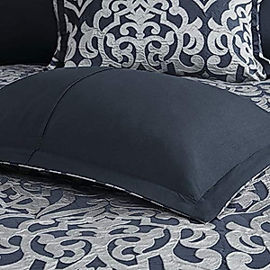 Madison Park Odette Cozy Comforter Set Jacquard Damask Medallion Design - Modern All Season, Down Alternative Bedding, Shams, Decorative Pillows, King(104 in x 92 in), Navy 8 Piece