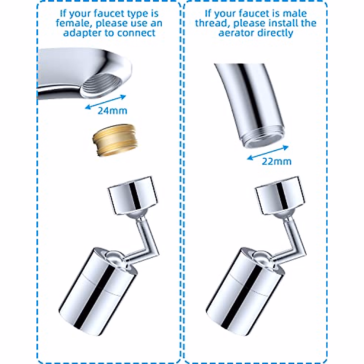 Hibbent Faucet Aerator, 720° Swivel Big Angle Spray Aerator, Solid Brass Dual Function Kitchen Sink Faucet Aerator, Bathroom Faucet Mounted for Face Washing, Gargle and Eye Flush, Chrome