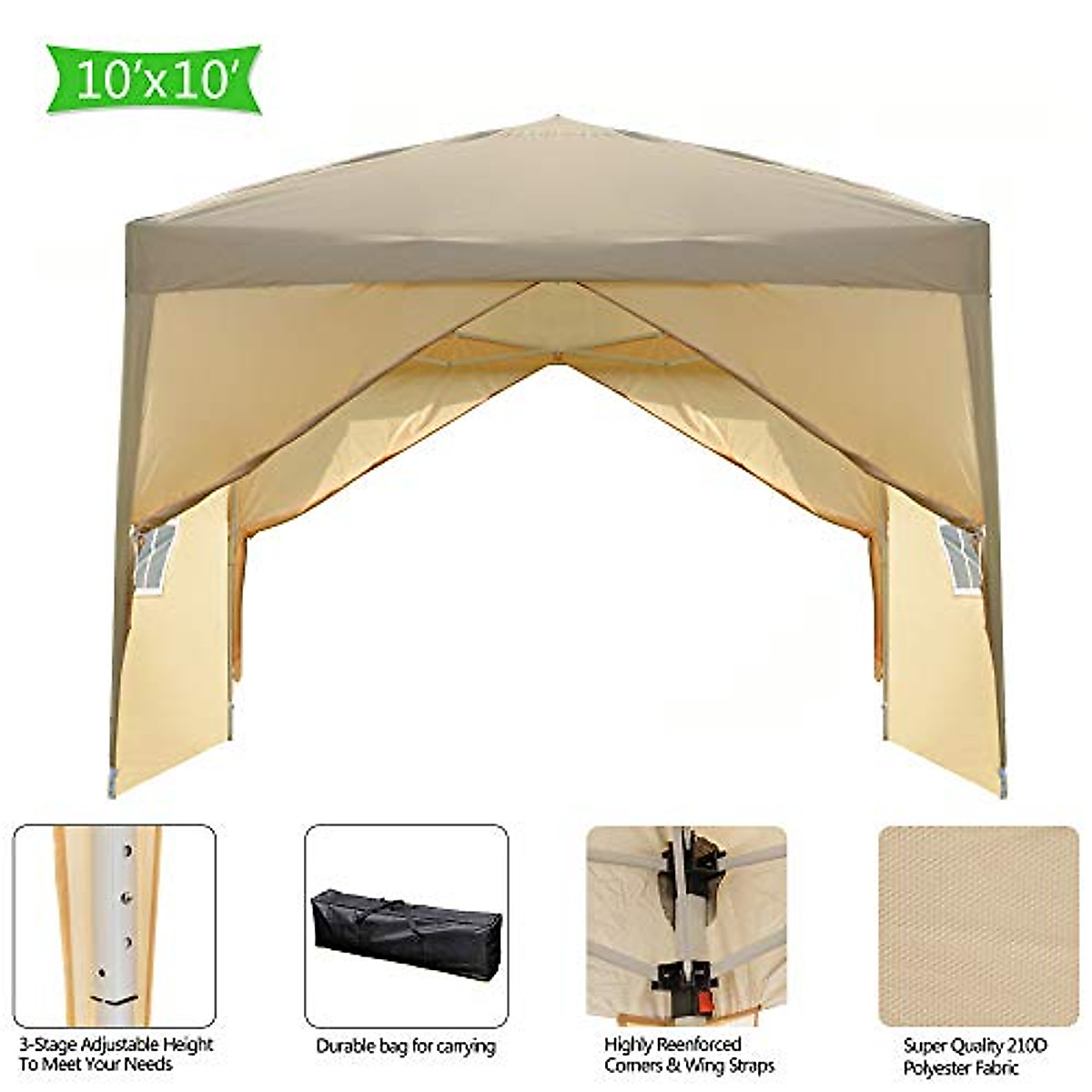 10x10 Pop Up Tent with Two Doors & Two Windows Practical Waterproof Right-Angle Folding Tent with Carry Bag Khaki