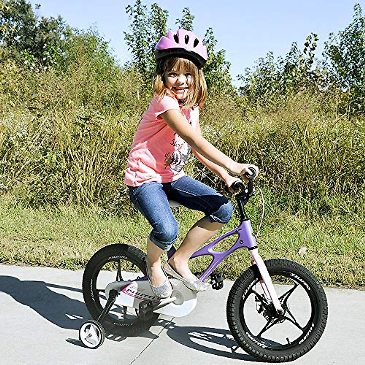 RoyalBaby Space Shuttle 18" Magnesium Alloy Kids Bike w/Dual Disc Brakes, Adjustable Handlebar & Seat, Training Wheels, & Kickstand, Purple