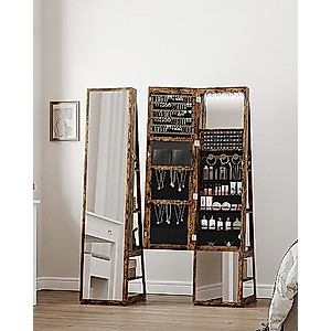 Hzuaneri 16 LEDs Jewelry Cabinet Armoire, 63" H Standing Jewelry Organizer with 360° Rotating Base, Lockable Full-length Mirror, 4-tier Storage Shelves, 4-in-1 design, Rustic Brown JC16003X