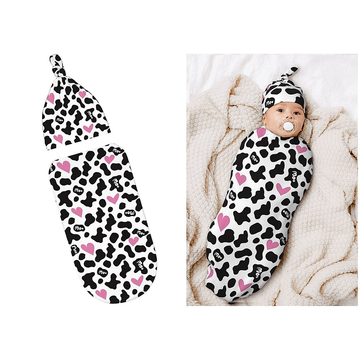 Cow Print Pink Heart Baby Stuff Newborn Swaddle and Hat Set Stretchy Soft Funny Baby Receiving Blanket Gifts for Infant Baby Boy Girl