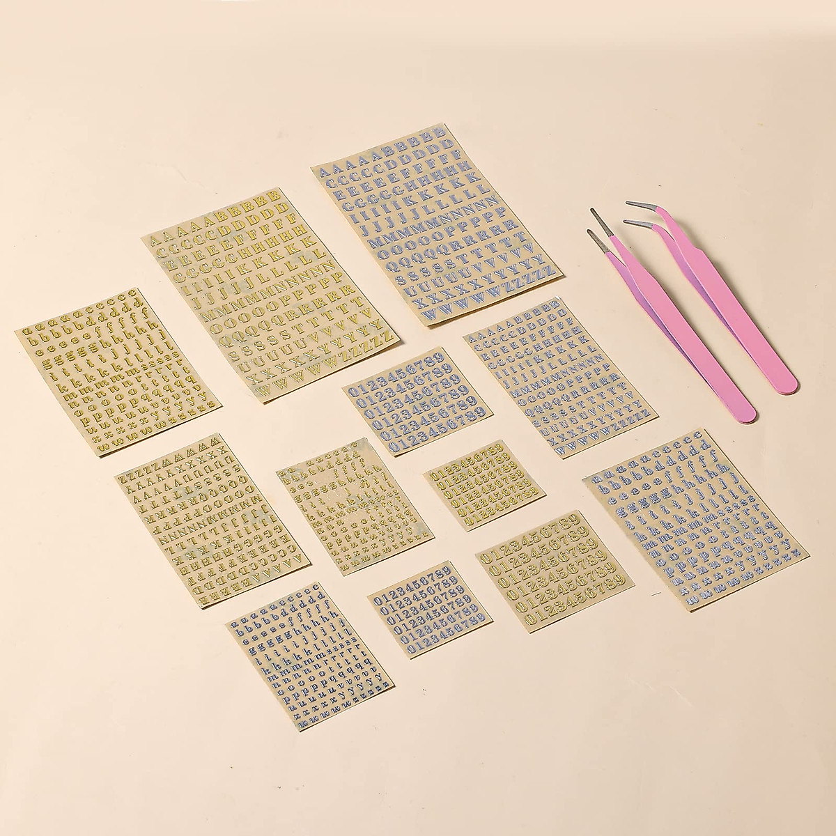 18 Sheets Tiny Letter Stickers, Letter Stickers Small Self Adhesive Glitter Alphabet Number Stickers with 2 Pink Tweezers Metallic Letter Sticker for Scrapbook Photos DIY Crafts