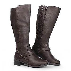 Hawkwell Women's Wide Calf Double Zipper Knee High Riding Boots, Brown PU, 7.5 M US