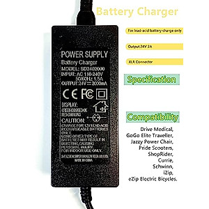 Palrey 24V2A Battery Charger for GoGo Mobility Scooter 24v2000mA Quick Charger (3-Pin XLR Connector) for Drive Medical, Go-Go Elite Traveller, Jazzy Power Chair, Pride Mobility, ShopRider, iZip, eZip