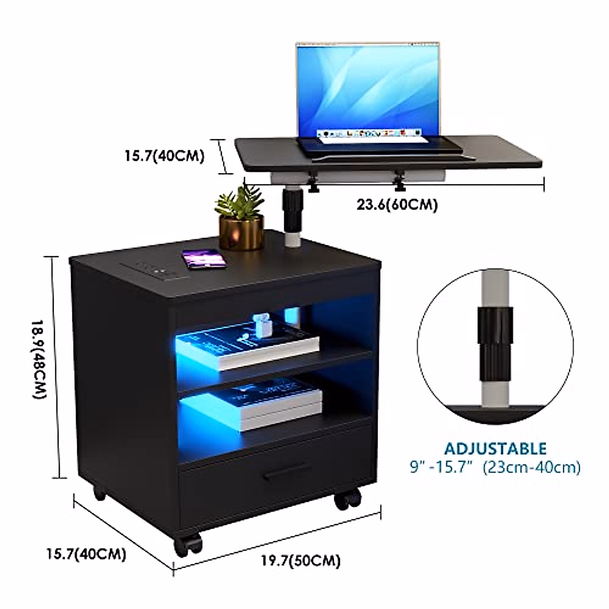 dnbss LED Nightstand with Charging Station & Sockets, Smart Bedside Table, Modern Night Stand for Bedroom, Large Side End Table, 360° Laptop Tray Workstation, Drawer, Open Shelf, Wheel (Black)