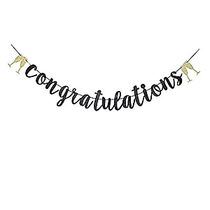 Congratulations Black Sign Banner for Birthday/Wedding Anniversary/Graduation/Retirement Party Supplies, Celebrating Theme Party Props