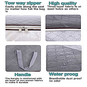 Large Capacity Clothes Storage Bag Organizer Reinforced Handle Thick Fabric for Comforters, Blankets, Bedding, Foldable with Sturdy Zipper, Clear Window, 3 Pack, 56L, Grey
