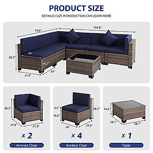 YOCONYO 7 Pieces Patio Furniture Set, Outdoor Furniture Patio Conversation Set, All Weather Rattan Wicker Couch, Sectional Sofa with Cushions and Glass Table for Garden, Backyard, Poolside, Brown-Navy
