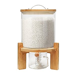 JUOPTGJ Cereal Storage Dispenser,Rice/Grain Dry Food Glass Container, Beans Storage Glass Tank With Valve,Home Flour Cereal Container with Bamboo Stand