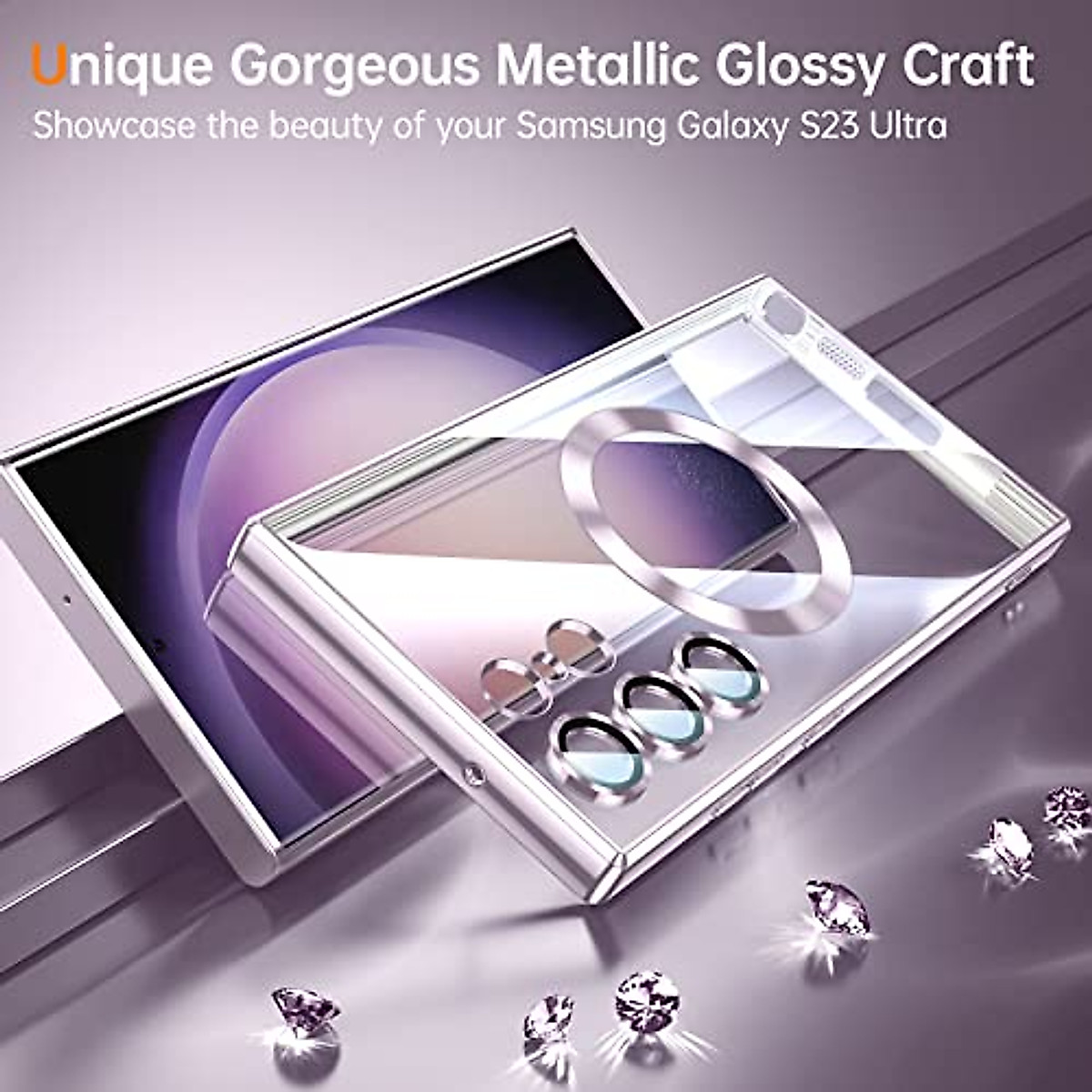 JUESHITUO for Samsung Galaxy S23 Ultra Case, [Full Camera Cover Protection] [Compatible with MagSafe] Magnetic Metallic Glossy Clear Luxury Soft Case for Galaxy S23 Ultra 5G 6.8 inch -Lavender Purple