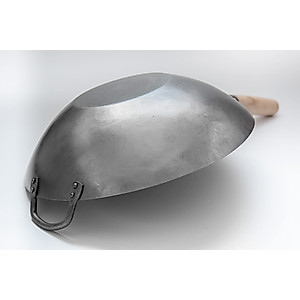 Craft Wok Flat Hand Hammered Carbon Steel Pow Wok with Wooden and Steel Helper Handle (14 Inch, Flat Bottom) / 731W316