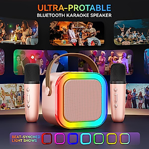 Karaoke Machine for Kids Adults, Portable Bluetooth Mini Karaoke Microphone Singing Speaker with 2 Wireless Mic and Light,Toys for All Smartphones,Birthday, Family,Home Party (Rose Gold)