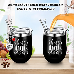 Didaey 24 Pcs Teacher Appreciation Gift Sets 12 Oz Teacher Wine Tumbler for Women Thank You Birthday Graduation Gifts 12 Best Ever Cup and 12 Keychain(Black)