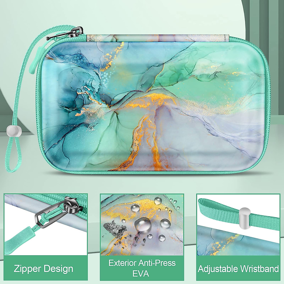FINTIE Hard Shell Protective Case for Nintendo 2DS XL/New 3DS XL LL, Emerald Marble with Zipper Pocket and Top Handle